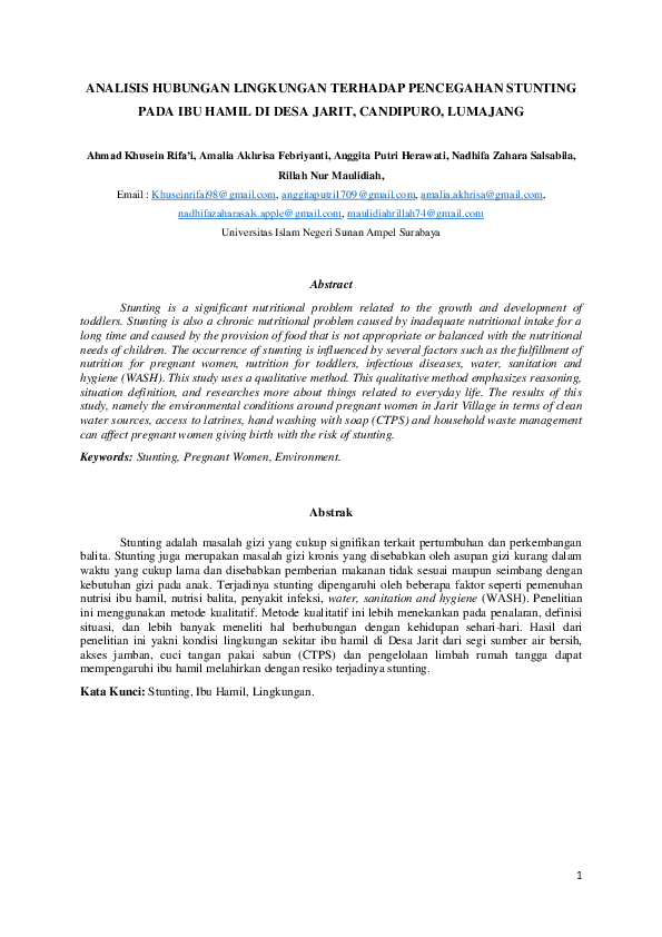 (PDF) ANALISIS HUBUNGAN LINGKUNGAN TERHADAP PENCEGAHAN STUNTING PADA ...