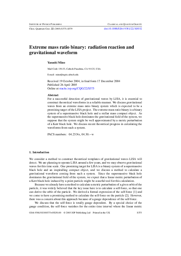 (PDF) Extreme mass ratio binary: radiation reaction and gravitational waveform