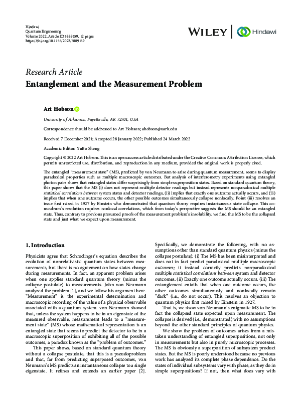 (PDF) Entanglement and the Measurement Problem