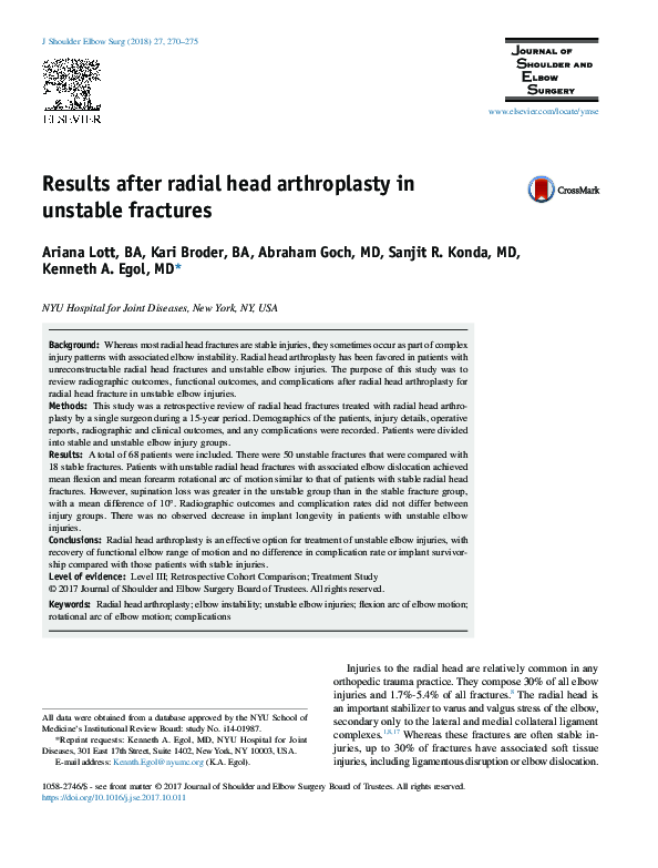 (PDF) Results after radial head arthroplasty in unstable fractures