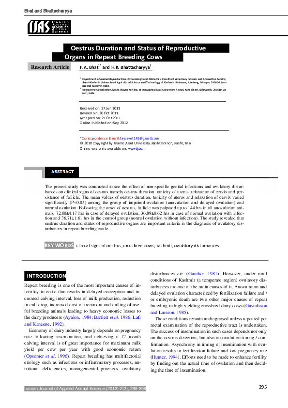 Pdf Oestrus Duration And Status Of Reproductive Organs In Repeat Breeding Cows