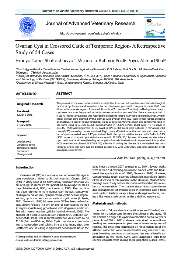 (PDF) Ovarian Cyst in Crossbred Cattle of Temperate Region- A ...