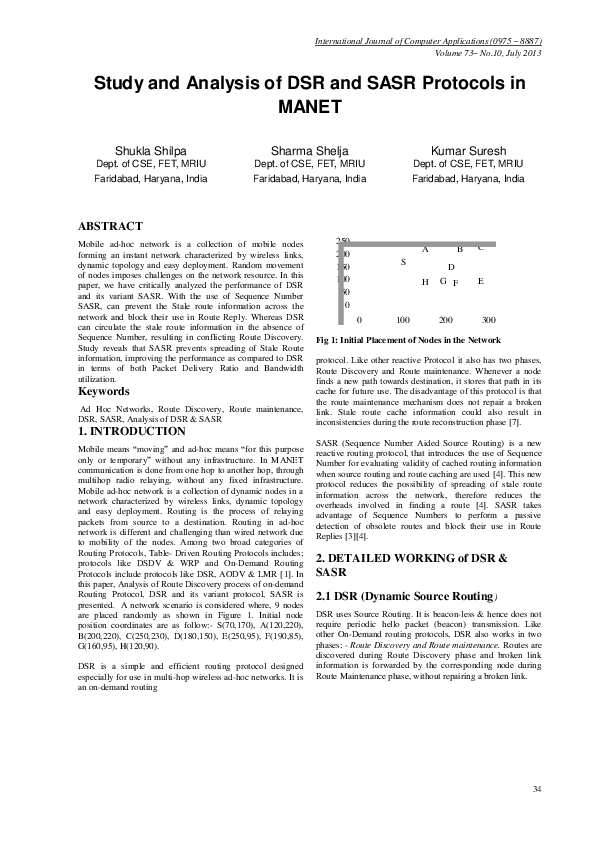 (PDF) Study and Analysis of DSR and SASR Protocols in MANET