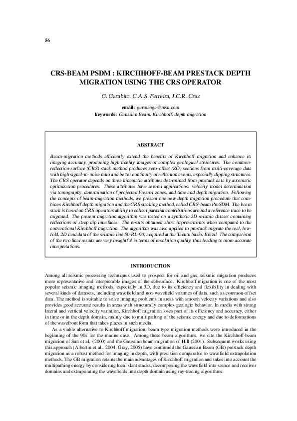 (PDF) CRS‐beam PSDM : Kirchhoff‐beam prestack depth migration using the CRS operator