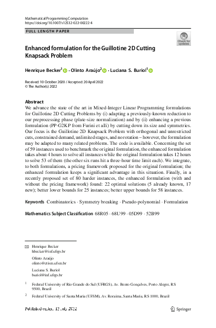 (PDF) Enhanced formulation for the Guillotine 2D Cutting Knapsack Problem
