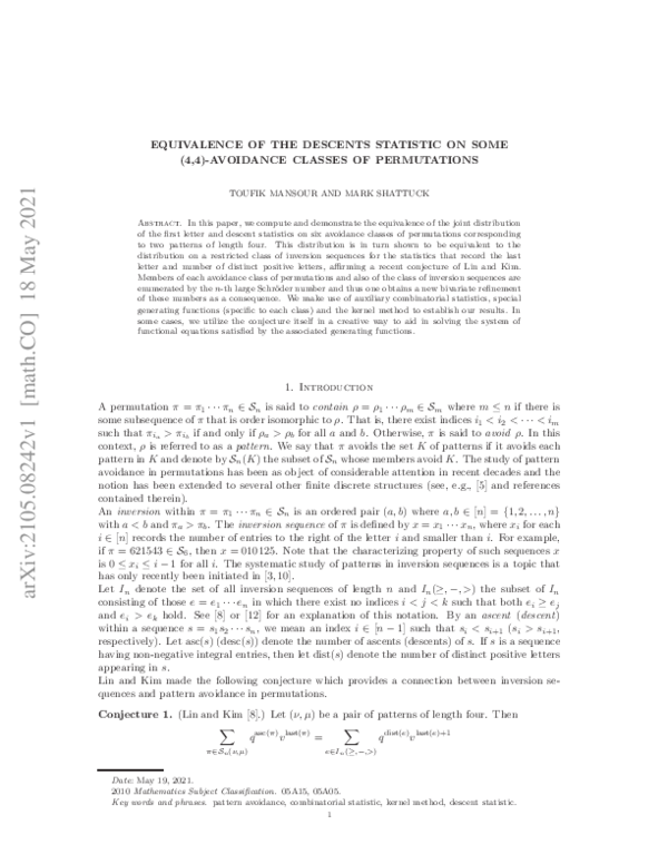 (PDF) Equivalence of the descents statistic on some (4,4)-avoidance classes of permutations