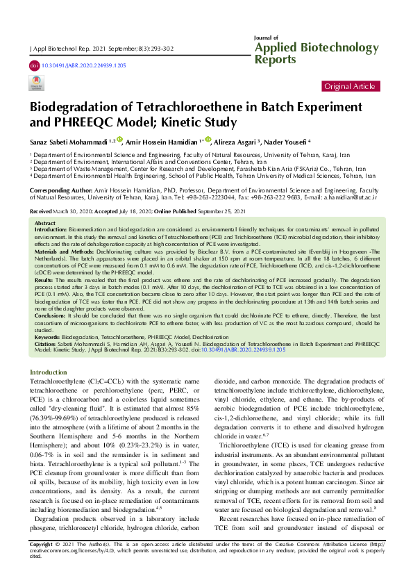 (PDF) Biodegradation of Tetrachloroethene in Batch Experiment and PHREEQC Model; Kinetic Study