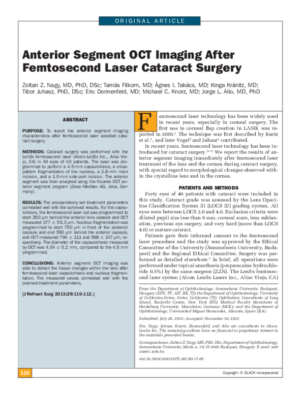 (PDF) Anterior Segment OCT Imaging After Femtosecond Laser Cataract Surgery