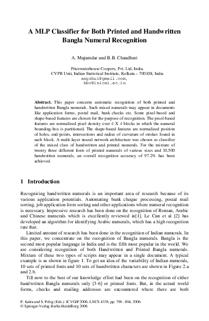 Pdf A Mlp Classifier For Both Printed And Handwritten Bangla Numeral Recognition
