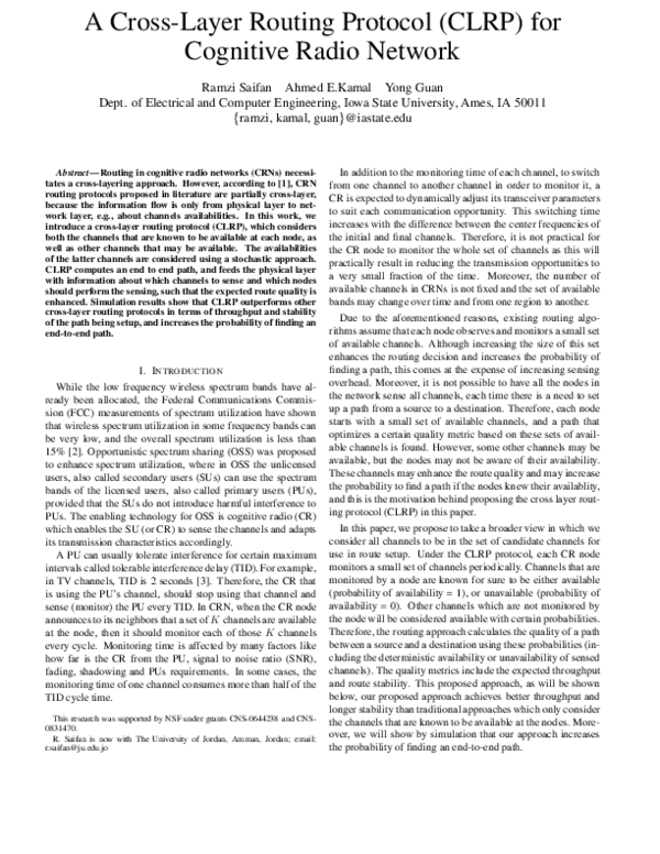 Pdf A Cross Layer Routing Protocol Clrp For Cognitive Radio Network