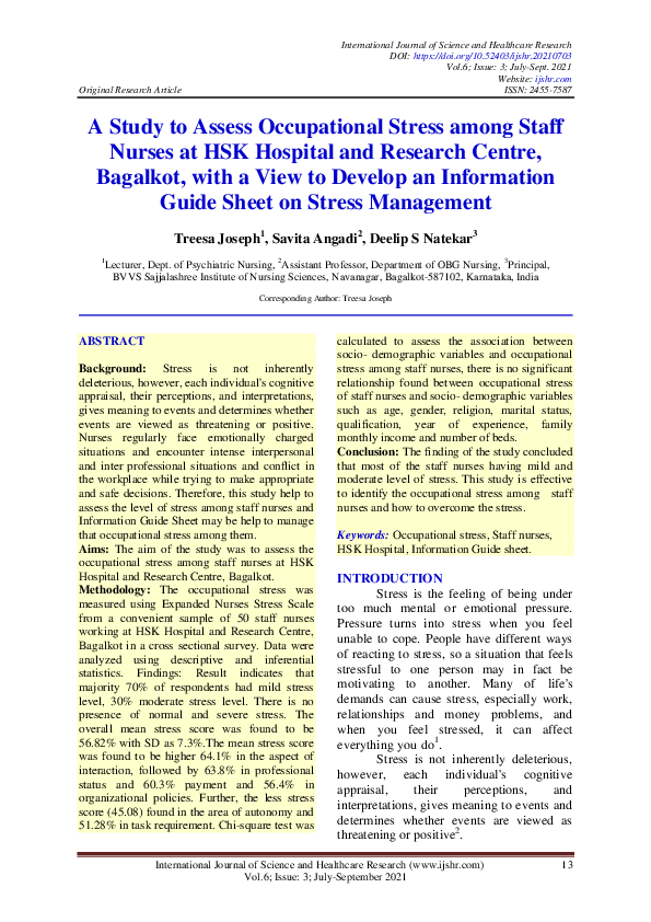 (PDF) A Study to Assess Occupational Stress among Staff Nurses at HSK Hospital and Research ...