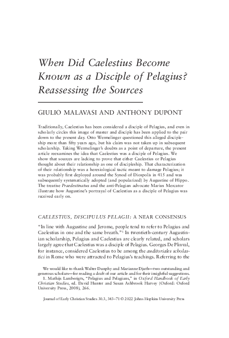 (PDF) When Did Caelestius Become Known As a Disciple of Pelagius ...