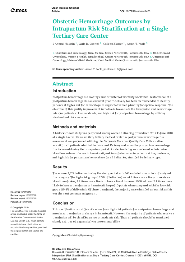 (PDF) Obstetric Hemorrhage Outcomes by Intrapartum Risk Stratification ...