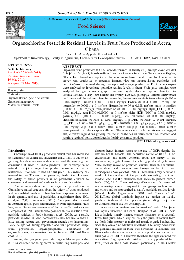 (PDF) Organochlorine Pesticide Residual Levels in Fruit Juice Produced in Accra, Ghana