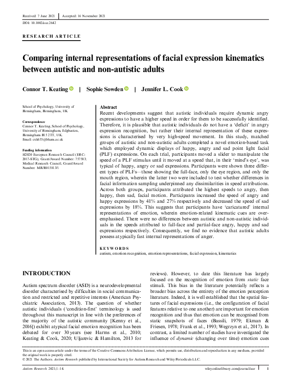 (PDF) Comparing internal representations of facial expression kinematics between autistic and ...