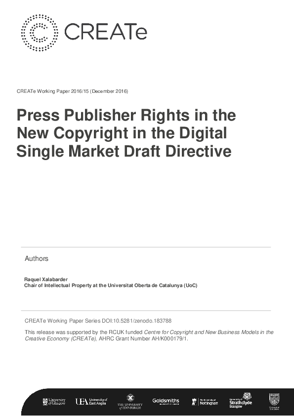 (PDF) Press Publisher Rights In The New Copyright In The Digital Single ...