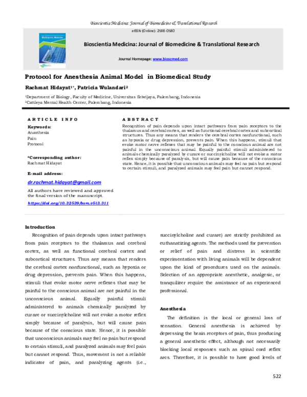 (PDF) Protocol for Anesthesia Animal Model in Biomedical Study ...