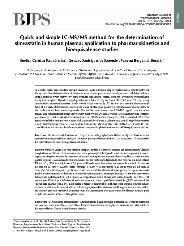(PDF) Quick and simple LC-MS/MS method for the determination of simvastatin in human plasma ...