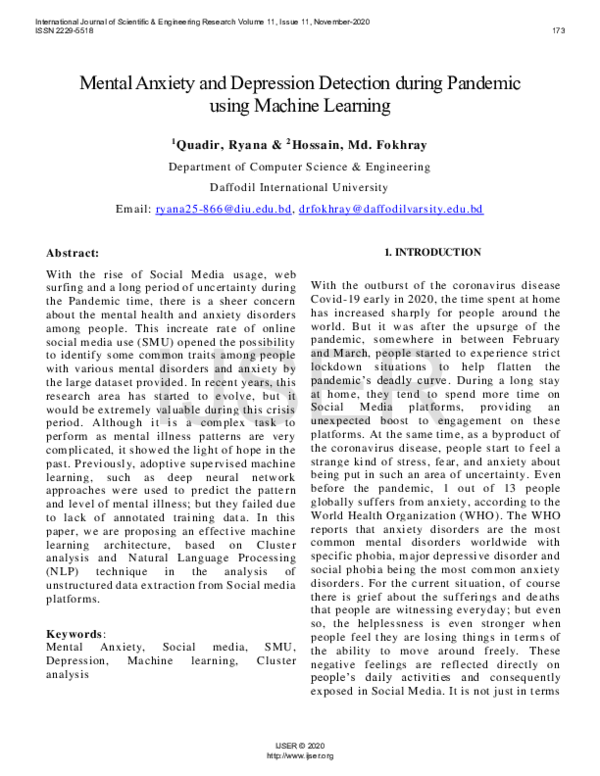 (PDF) Mental Anxiety and Depression Detection during Pandemic using Machine Learning
