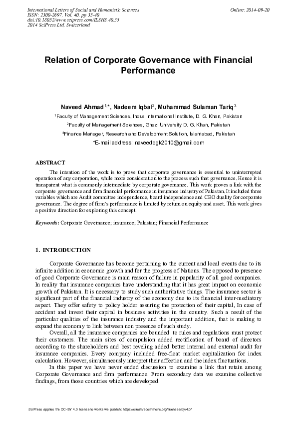 (PDF) Relation of Corporate Governance with Financial Performance