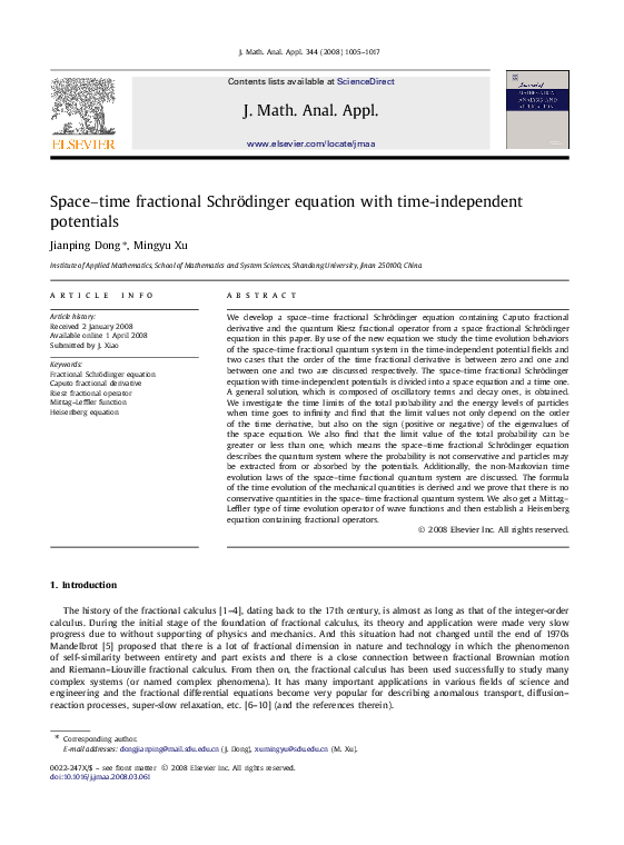 Pdf Space Time Fractional Schrödinger Equation With Time Independent