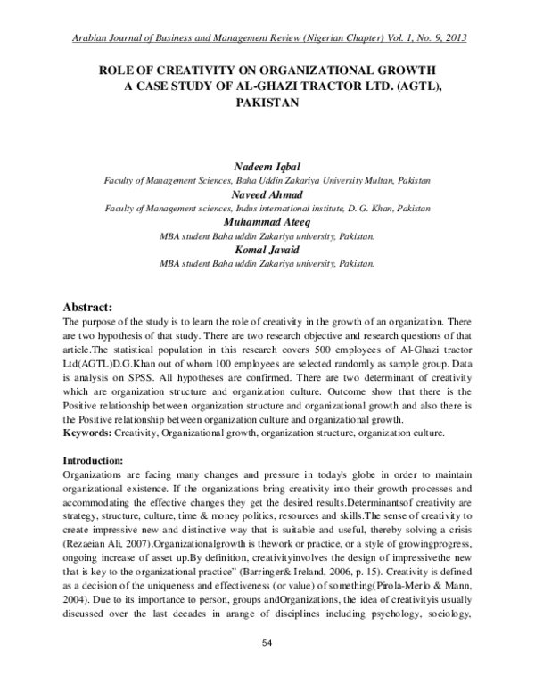 (PDF) Role of Creativity on Organizational Growth : A Case Study of Al ...