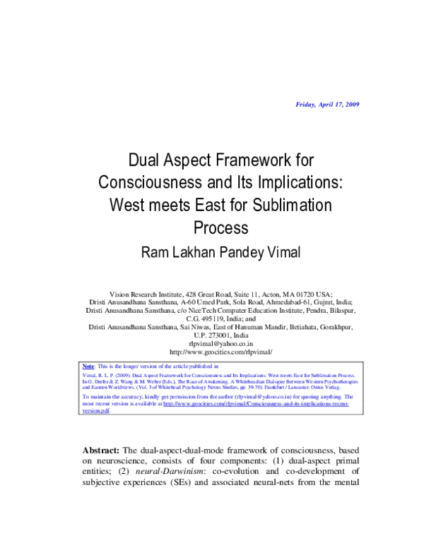 (PDF) Dual Aspect Framework for Consciousness and Its Implications ...