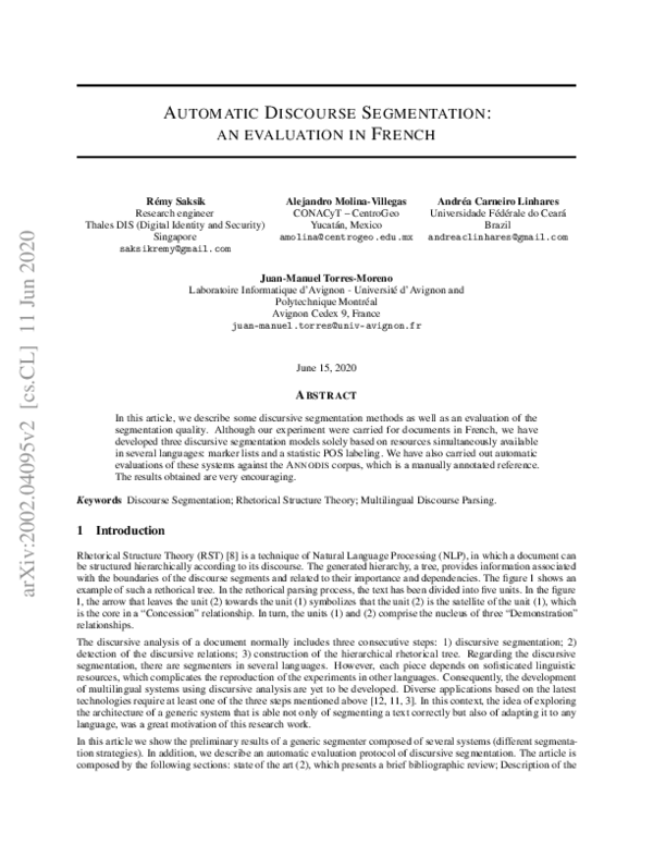 (PDF) Automatic Discourse Segmentation: an evaluation in French
