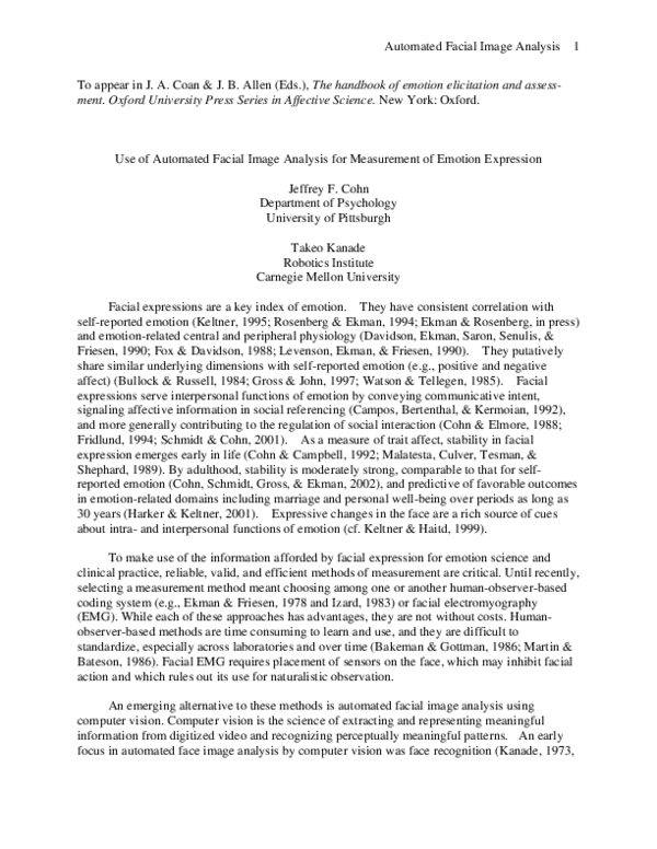 (PDF) Use of automated facial image analysis for measurement of emotion expression