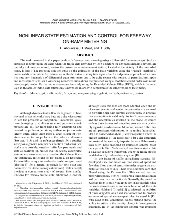 (PDF) Nonlinear State Estimation and Control for Freeway On-Ramp Metering