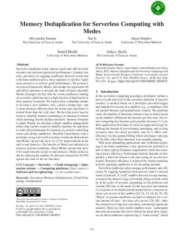 (PDF) Memory deduplication for serverless computing with Medes