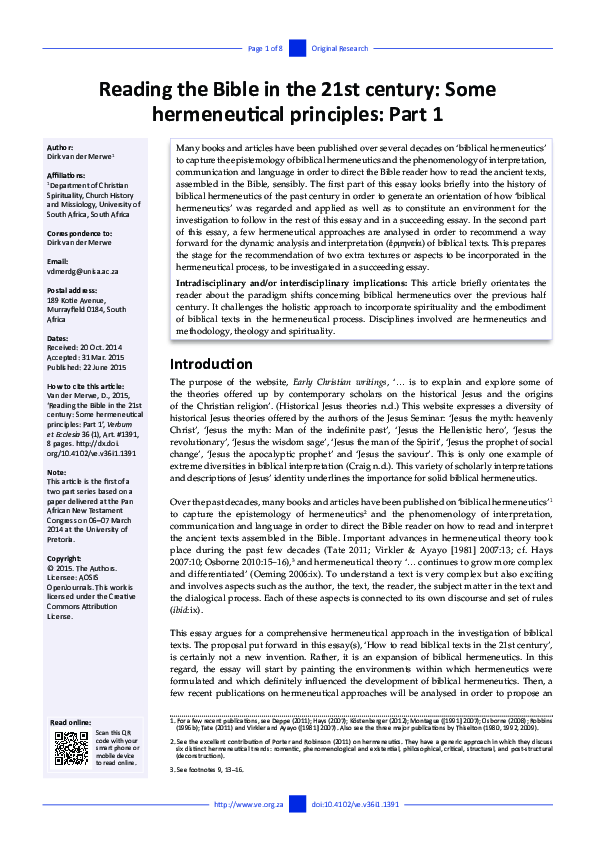 (PDF) Reading the Bible in the 21st century: Some hermeneutical ...