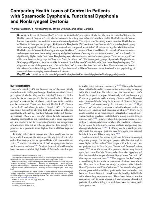 (PDF) Comparing Health Locus of Control in Patients with Spasmodic ...