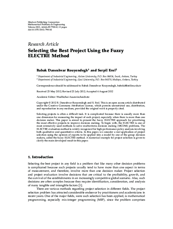 (PDF) Selecting the Best Project Using the Fuzzy ELECTRE Method