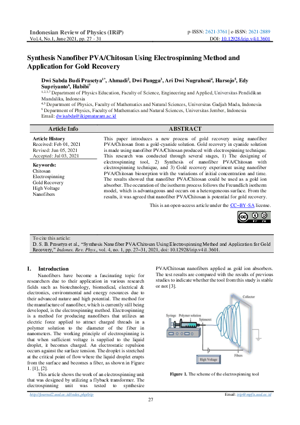 (PDF) Synthesis Nanofiber PVA/Chitosan Using Electrospinning Method and Application for Gold ...