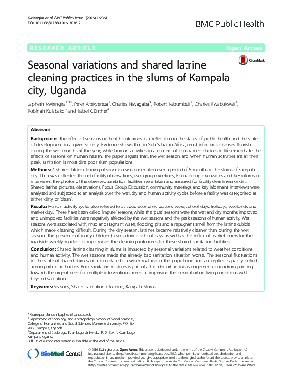 (PDF) Seasonal variations and shared latrine cleaning practices in the ...