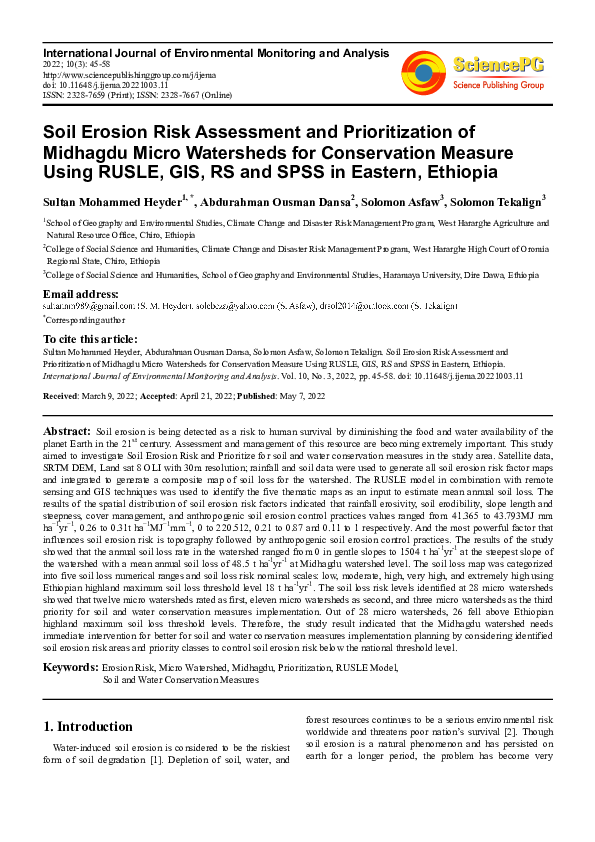 (PDF) Soil Erosion Risk Assessment and Prioritization of Midhagdu Micro ...