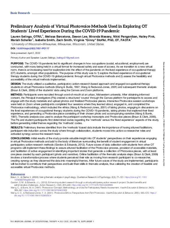 (PDF) Preliminary Analysis of Virtual Photovoice Methods Used in Exploring OT Students’ Lived ...