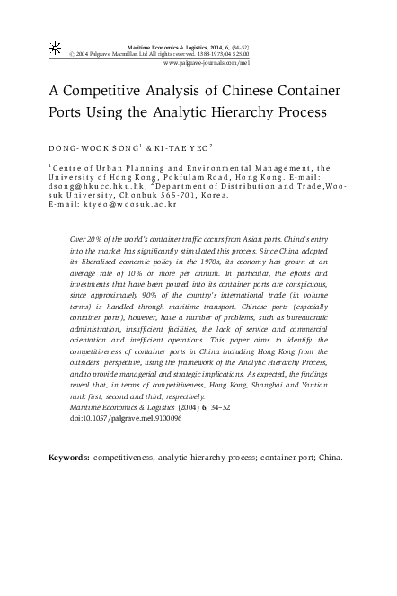 (PDF) A Competitive Analysis of Chinese Container Ports Using the ...