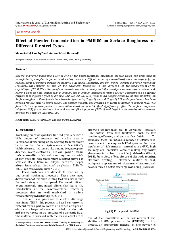 (PDF) Effect of Powder Concentration in PMEDM on Surface Roughness for Different Die steel Types