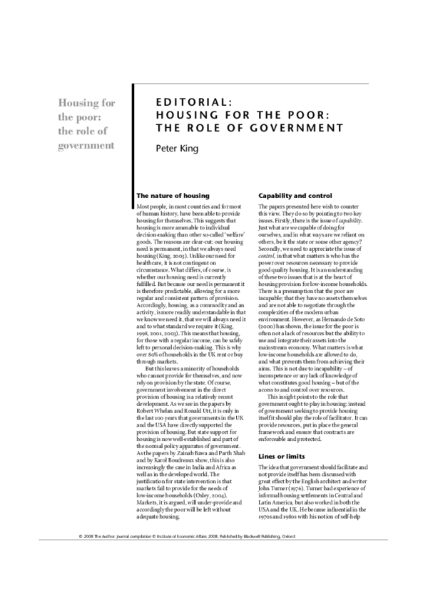 (PDF) Editorial: Housing for the Poor: The Role of Government