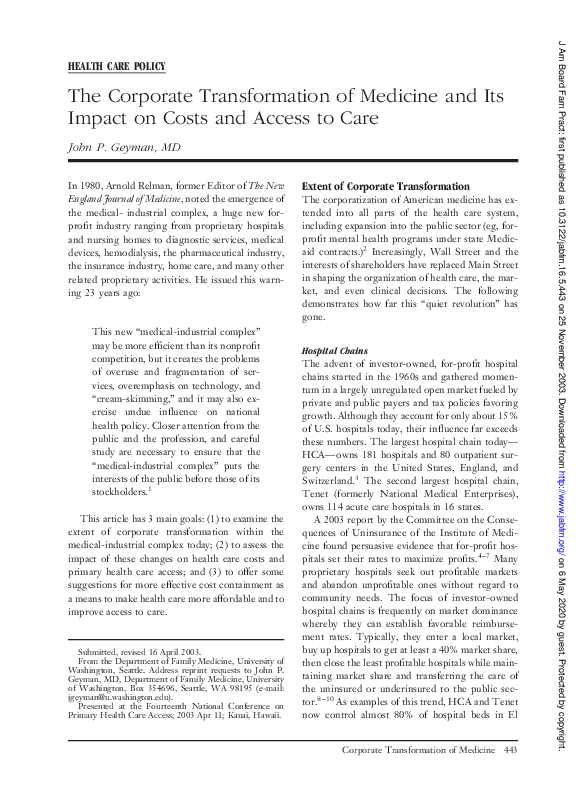 (PDF) The Corporate Transformation of Medicine and Its Impact on Costs ...