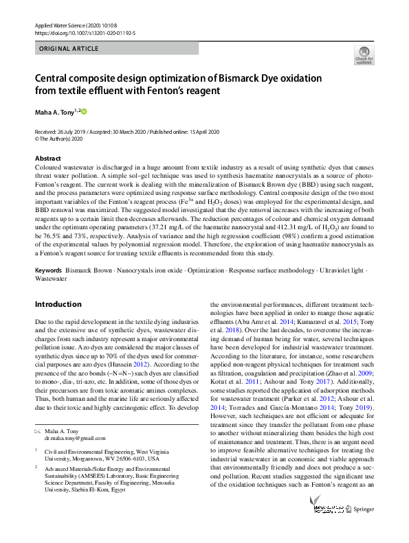 (PDF) Central composite design optimization of Bismarck Dye oxidation ...