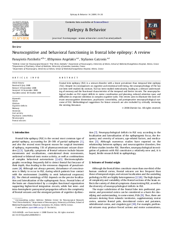 (PDF) Neurocognitive and behavioral functioning in frontal lobe epilepsy: A review