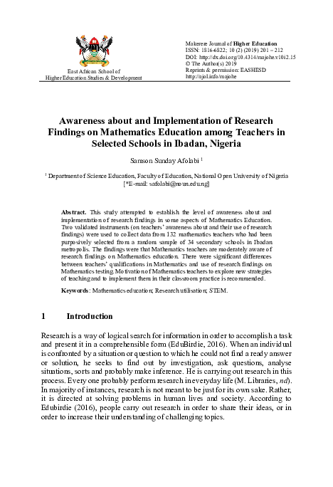 (PDF) Awareness about and Implementation of Research Findings on Mathematics Education among ...
