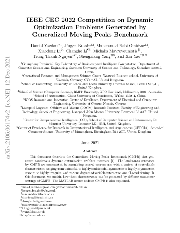 (PDF) IEEE CEC 2022 Competition on Dynamic Optimization Problems Generated by Generalized Moving ...