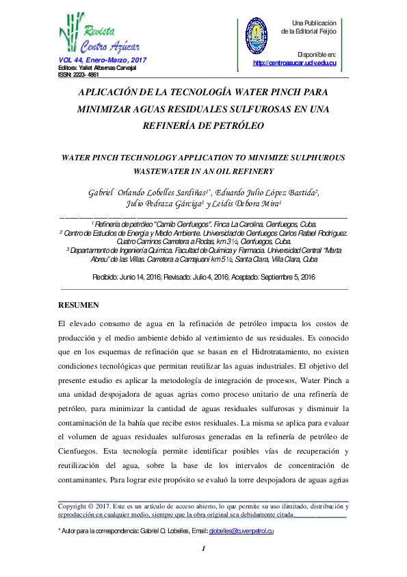 (PDF) Aplicación de la tecnología Water Pinch para minimizar aguas ...