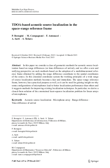 Pdf Tdoa Based Acoustic Source Localization In The Space Range Reference Frame