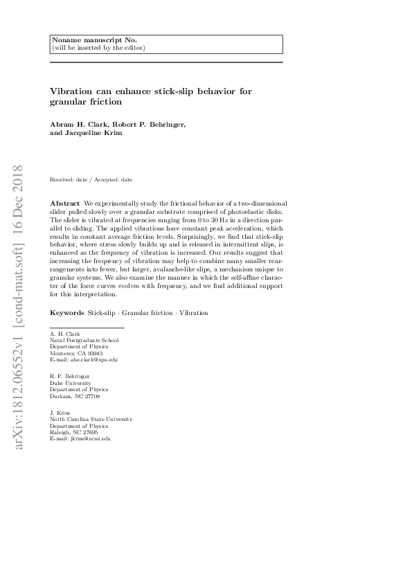 Pdf Vibration Can Enhance Stick Slip Behavior For Granular Friction