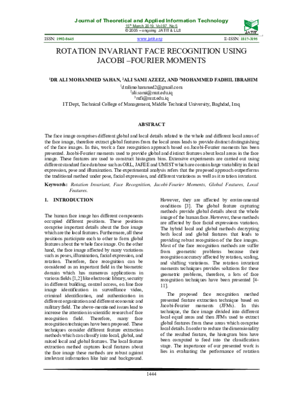 Pdf Rotation Invariant Face Recognition Using Jacobi Fourier Moments